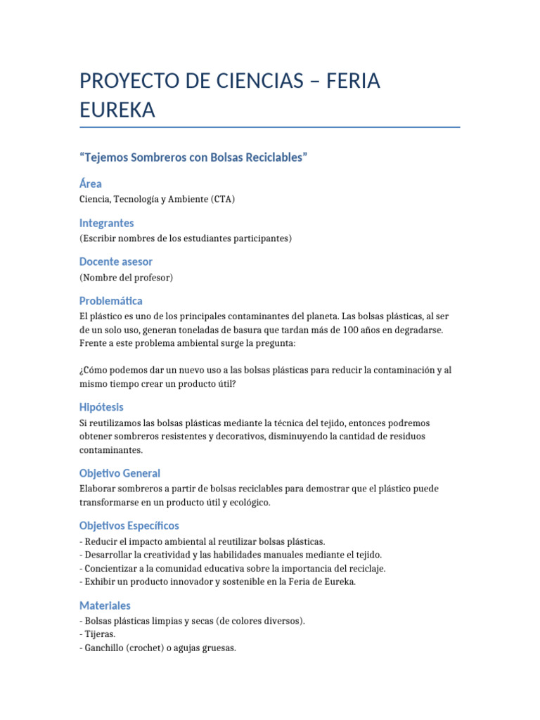 Proyecto Feria Eureka Sombreros | PDF | Residuos | El plastico