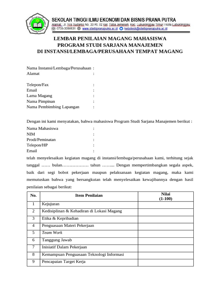 Lembar Penilaian Magang Mahasiswa | PDF