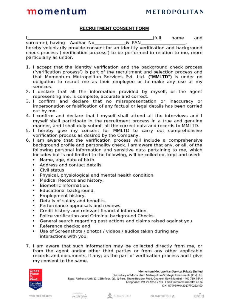 MMS Recruitment Consent Form | PDF | Privacy | Background Check