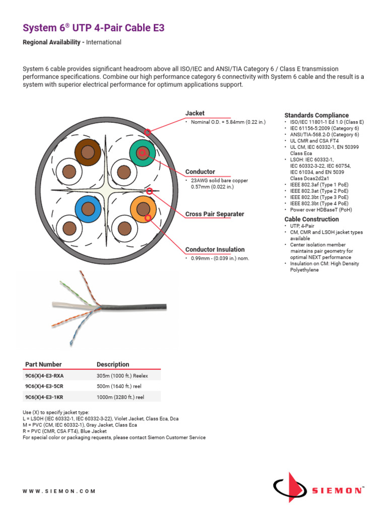 Siemon System 6 UTP 4-Pair Cable E3 | PDF | Electrical Engineering ...