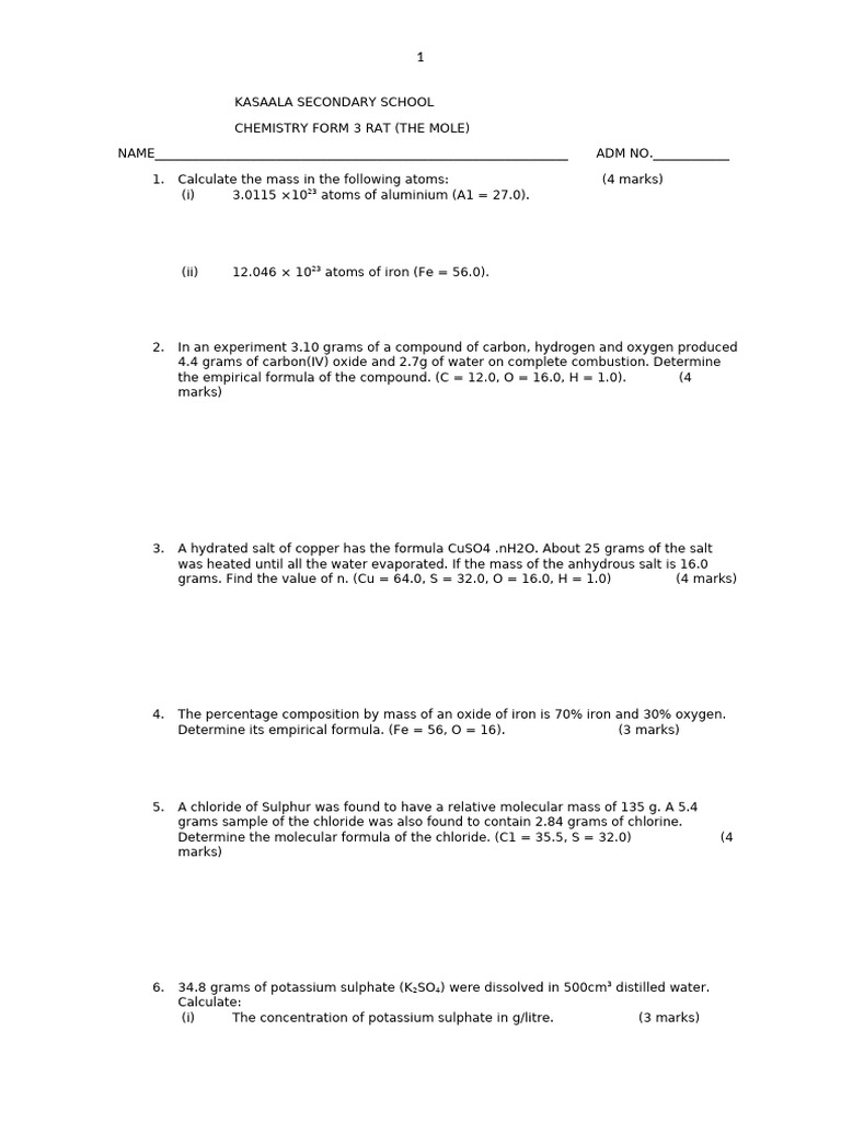 Chemistry Form 3: Mole Calculations | PDF