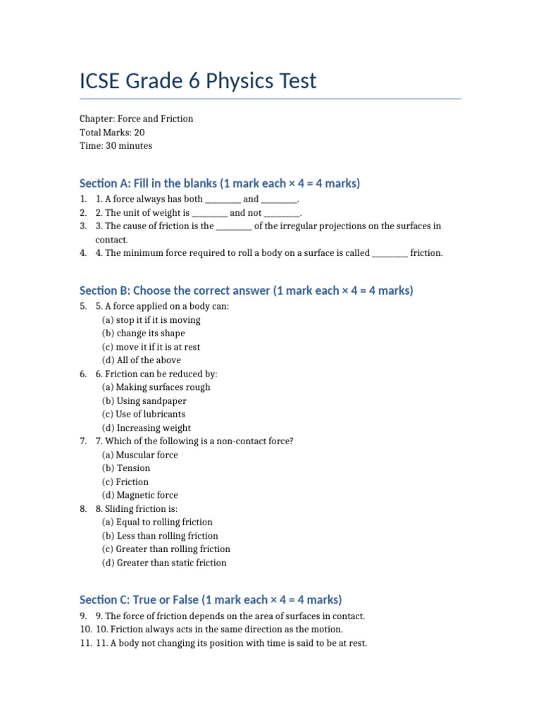 ICSE Grade 6 Physics Test: Force & Friction | PDF