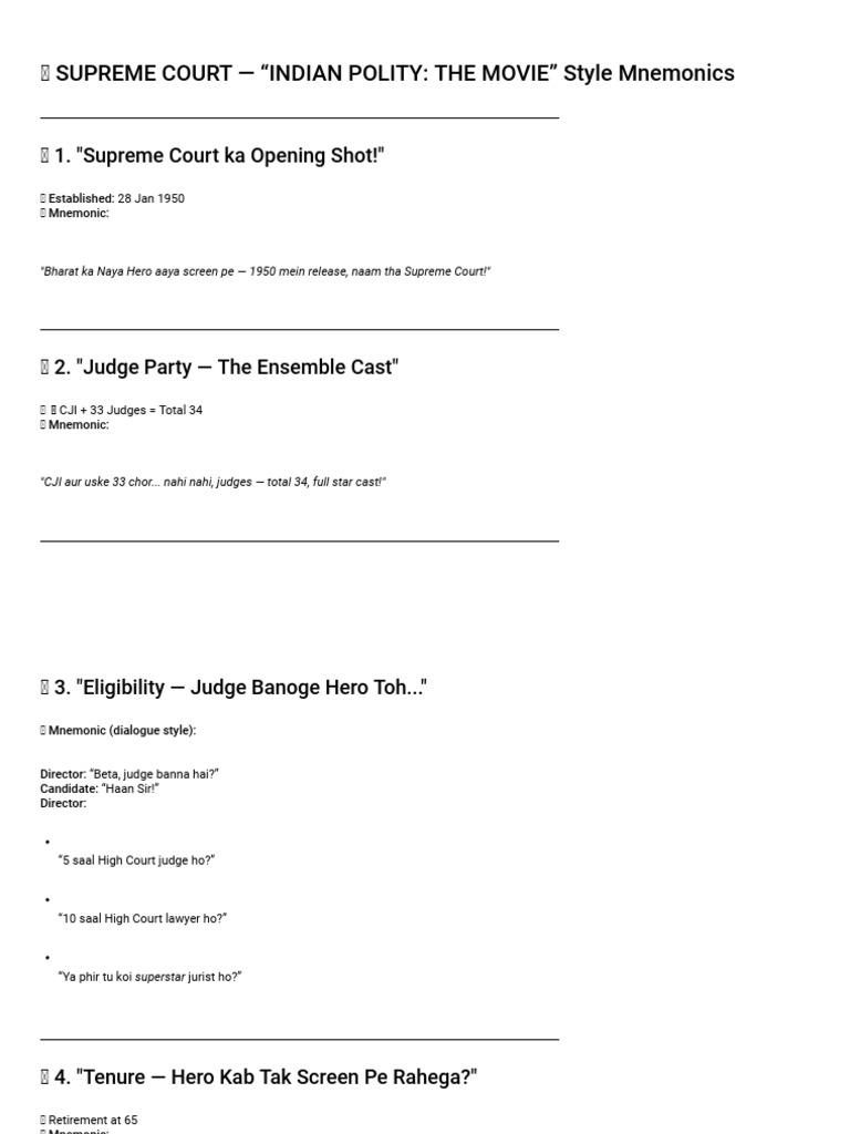 Supreme Court Mnemonics for Indian Polity | PDF