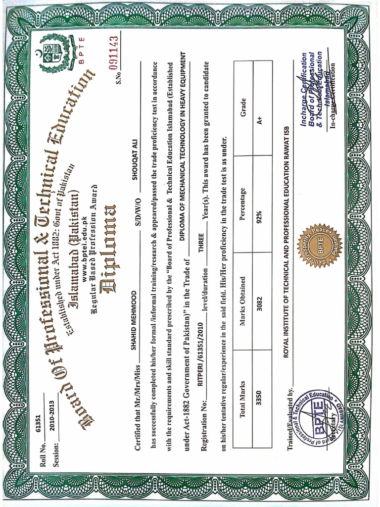 Diploma in Mechanical Technology Certificate | PDF | Mechanical Engineering