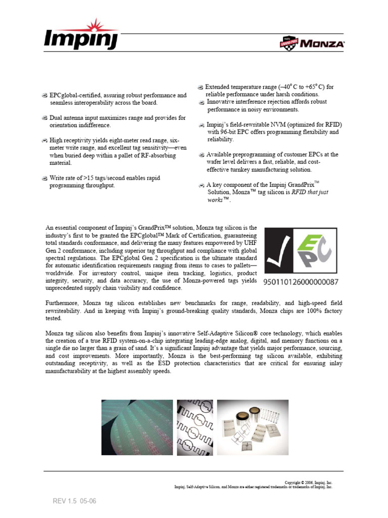 EPCglobal Gen 2 RFID Monza Datasheet | PDF | Radio Frequency Identification | Amplitude