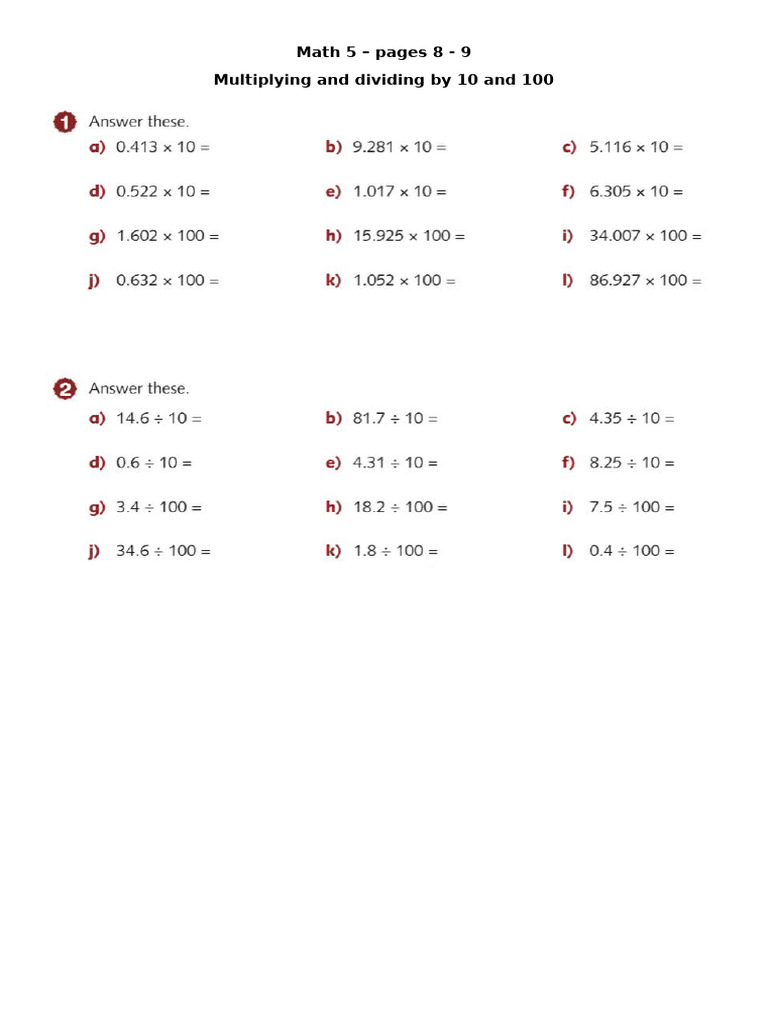 Math 5 - P 8 - 10 - Multiplying and Dividing by 10 and 100 | PDF