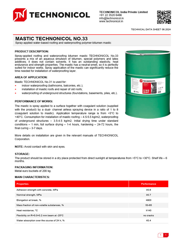 TECHNONICOL No.33 Waterproofing Mastic | PDF | Concrete | Materials
