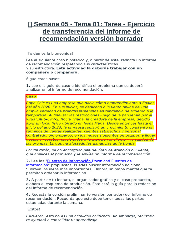 ? Semana 05 - Tema 01 Tarea - Ejercicio de transferencia del informe de recomendación versión ...