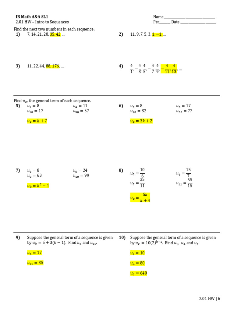 Intro to Sequences and Series Homework | PDF
