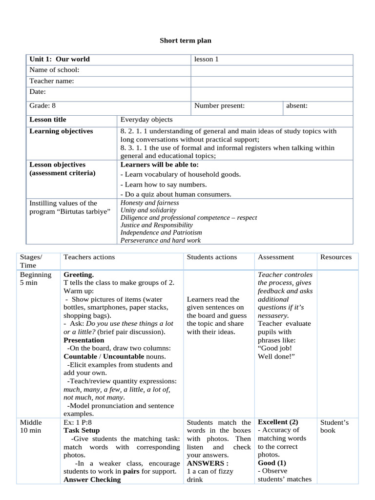 8th Grade Lesson Plan: Everyday Objects | PDF | Vocabulary | Noun