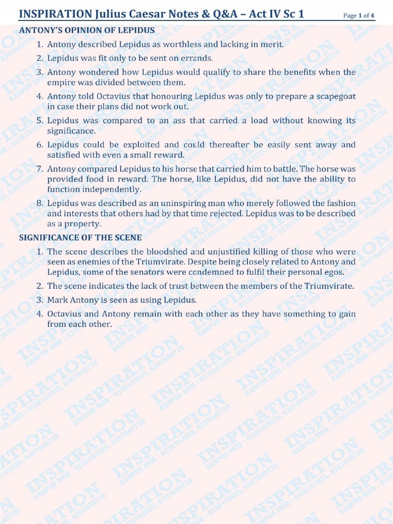 Inspiration Julius Caesar Notes & Q&A - Act IV SC 1 I | PDF