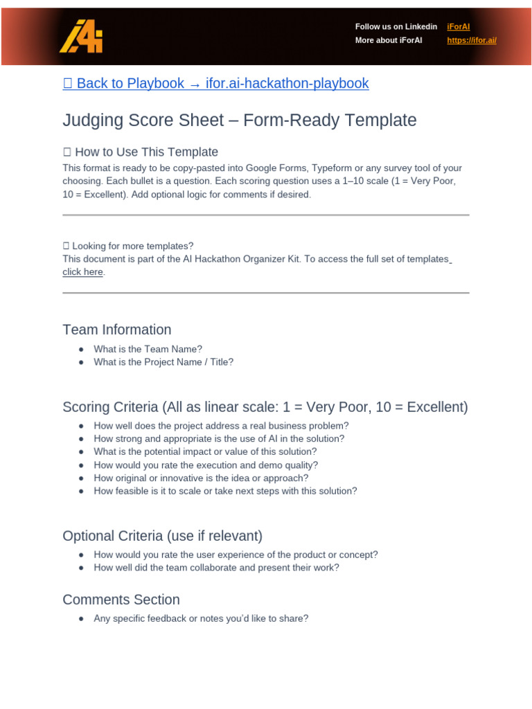 Hackathon Judging Score Sheet Template | PDF
