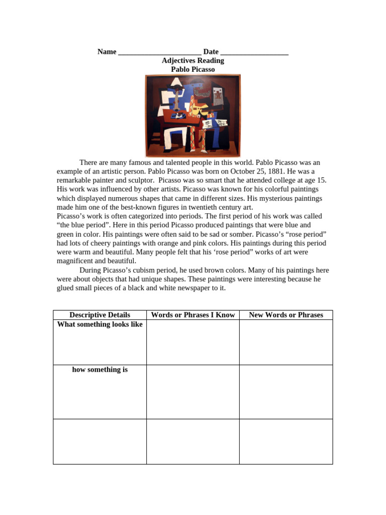 Adjectives With Pablo Picasso Reading Comprehension Exercises 4248 | PDF