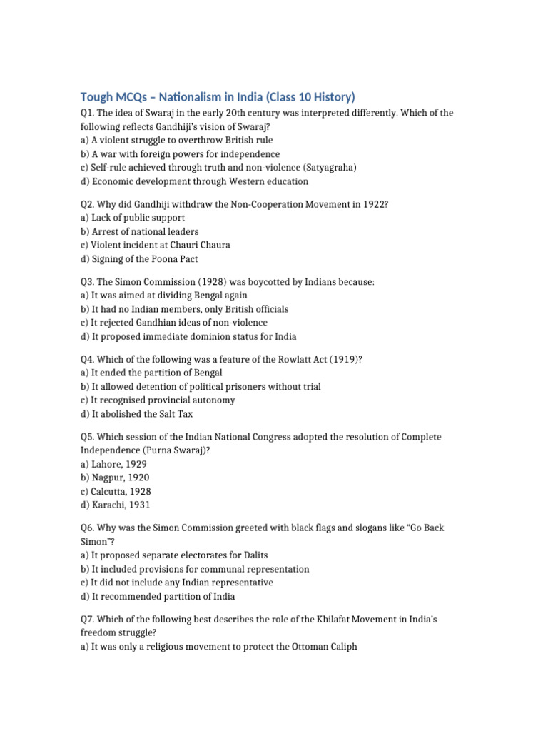 Nationalism_in_India_MCQs | PDF | Mahatma Gandhi | British Raj