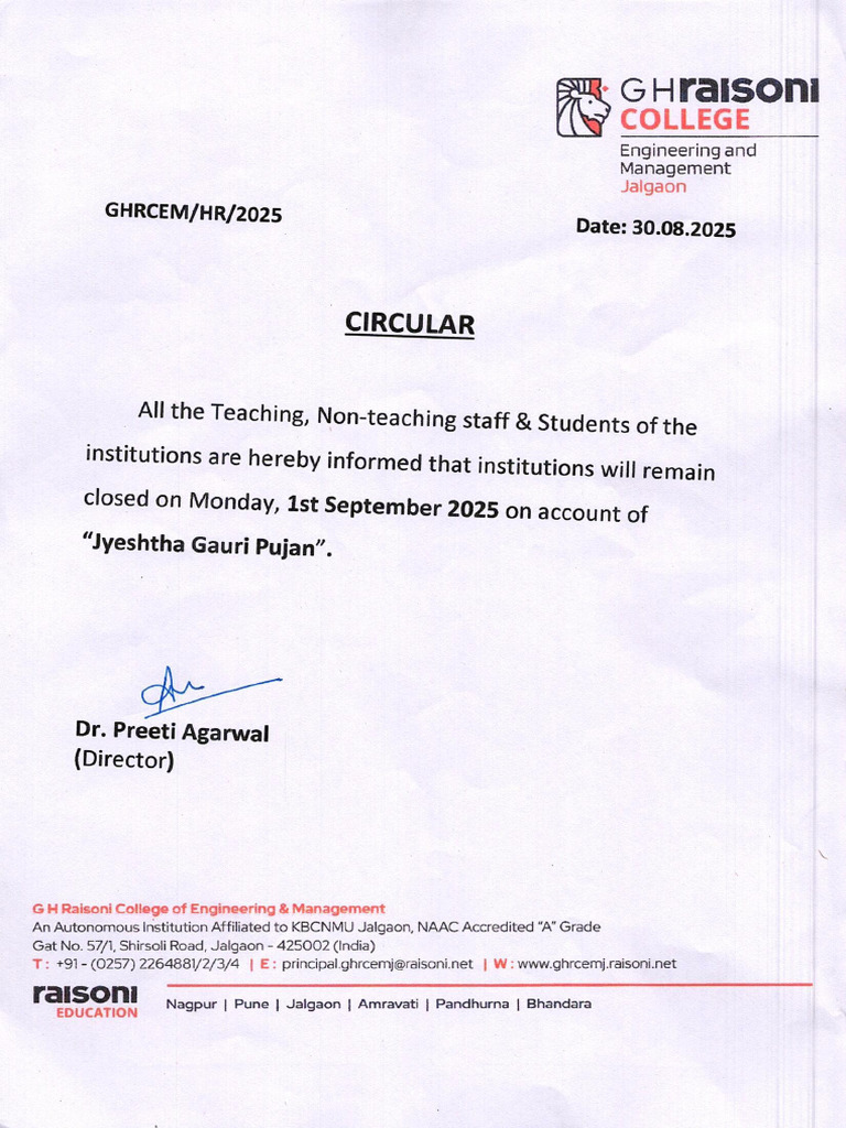 Holiday Circular - Jyeshtha Gaurai Pujan - 01.09.2025 | PDF