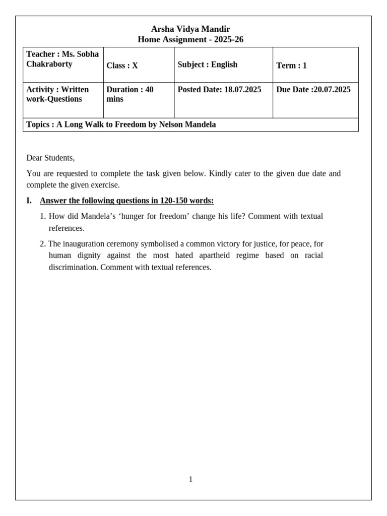 English Assignment on Mandela's Freedom | PDF