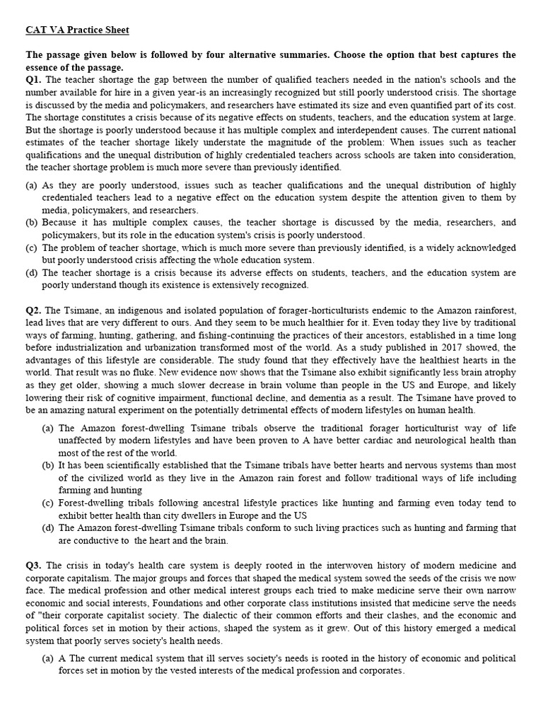 CAT VA Practice Sheet 4 Sep | PDF