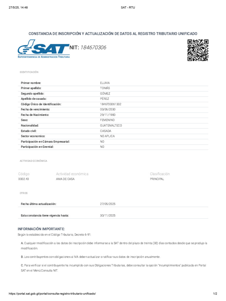 Constancia Primer Nit Eluvia Tomás Gómez de Pérez | PDF