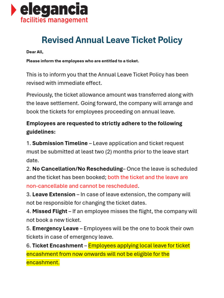 Revised Annual Leave Ticket Policy | PDF