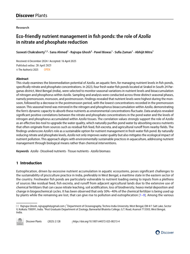 Azolla's Role in Fish Pond Nutrient Management | PDF | Eutrophication ...