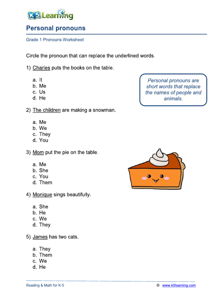Grade 1 Personal Pronouns Worksheet | PDF
