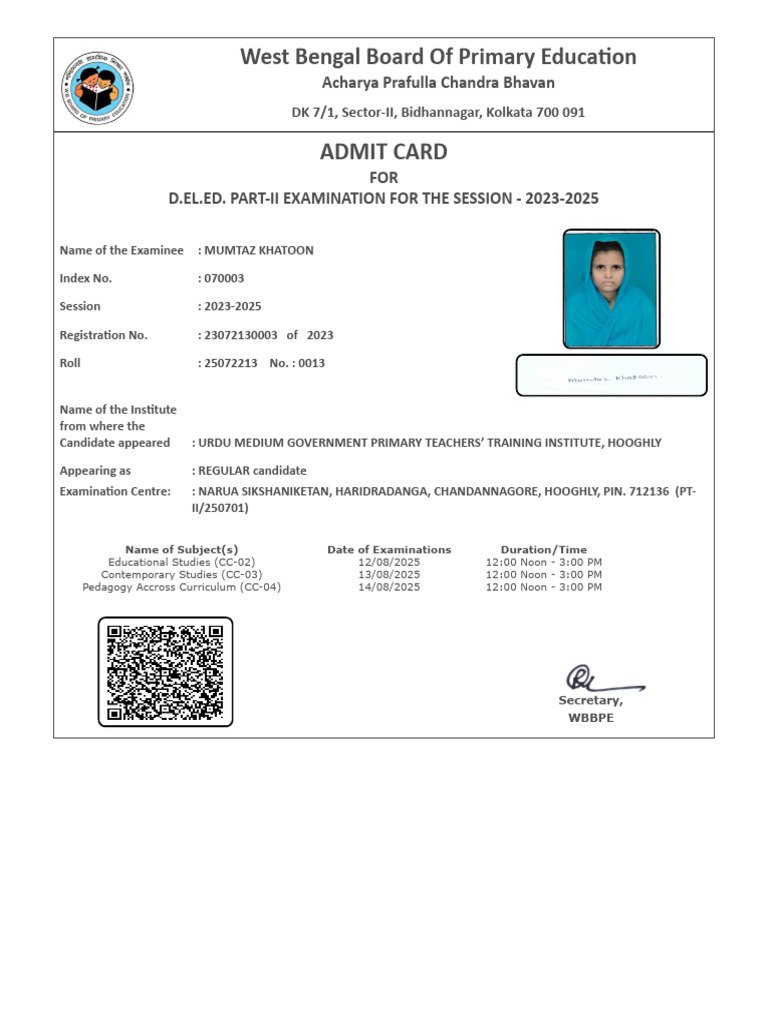 Digital Admit Card (Mumtaz Khatoon, R-13) | PDF