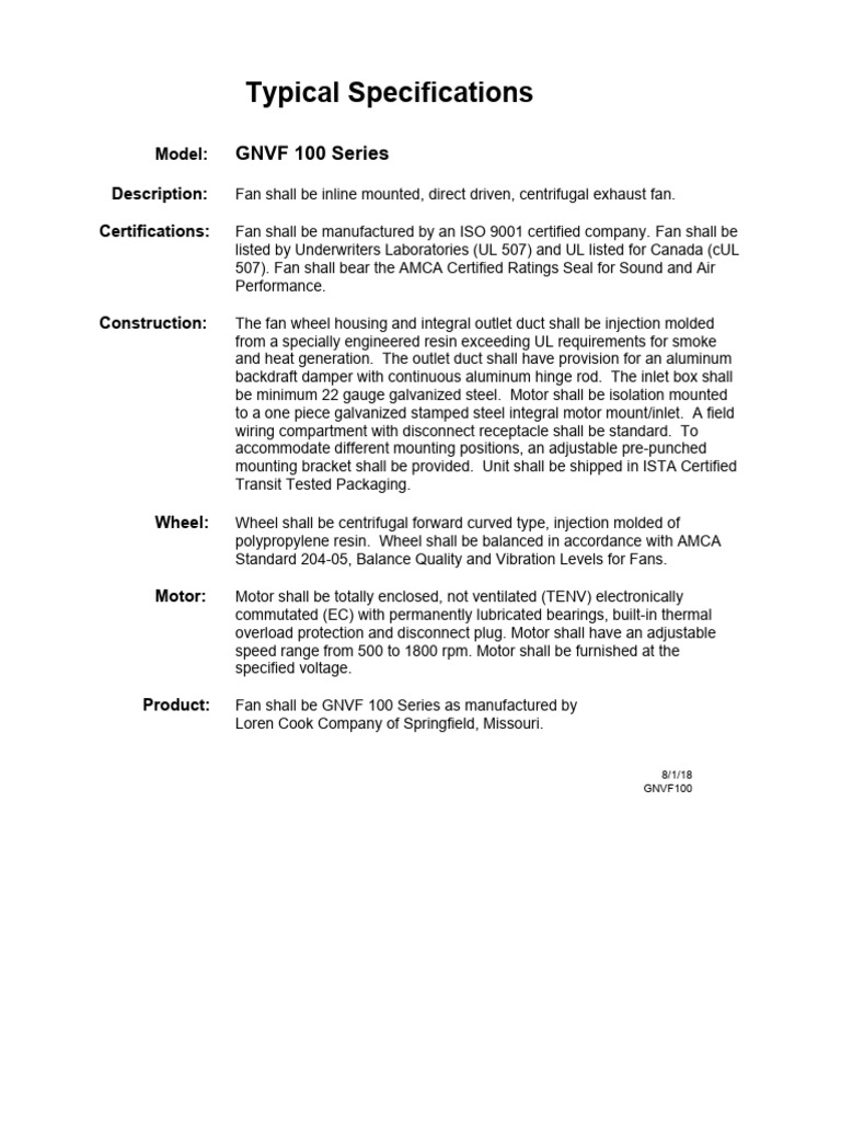 GNVF 100 Series Exhaust Fan Specs | PDF