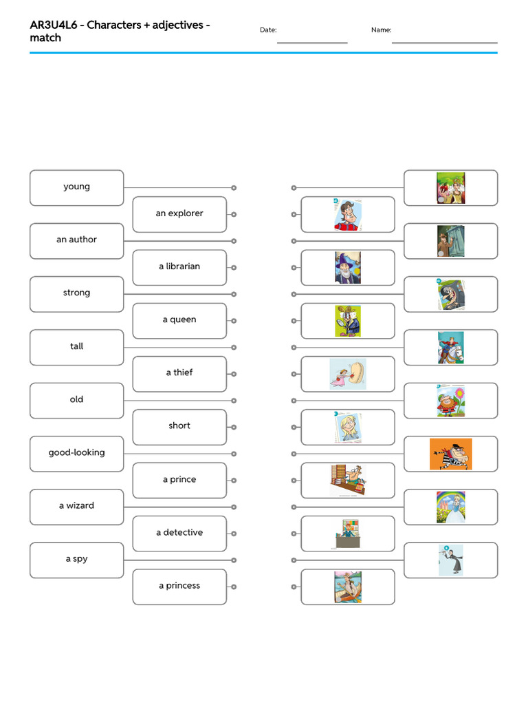 Ar3u4l6 Characters Adjectives Match Match Up Line Drawing | PDF