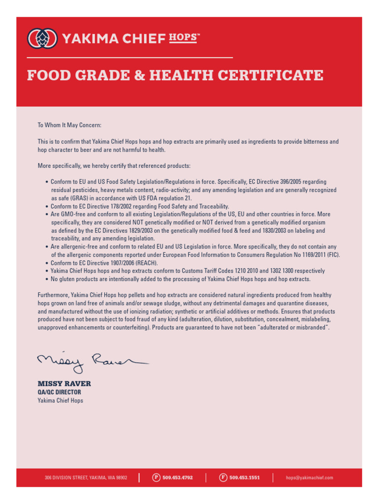 Food Grade Health Certificate for Hops | PDF