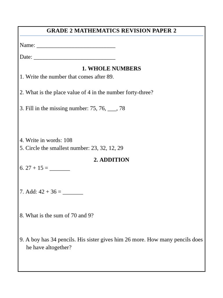 Grade 2 Math Revision Paper 1 | PDF