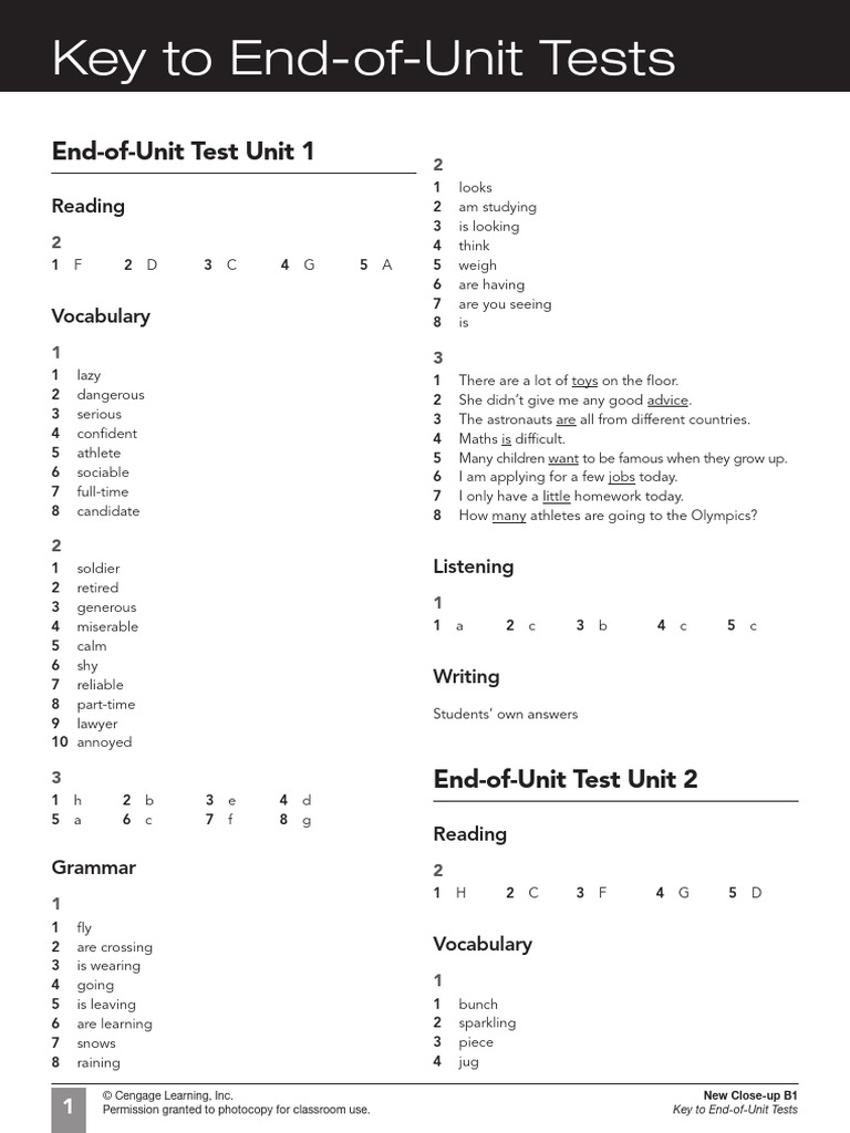 b1 End-Of-unit Tests Answer Key | PDF