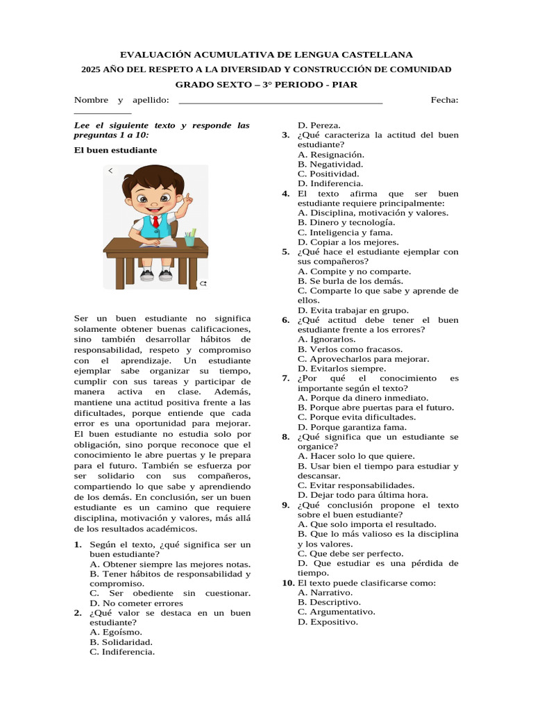 Evaluación Acumulativa Incluidos 3 Periodo Lengua Castellana | PDF