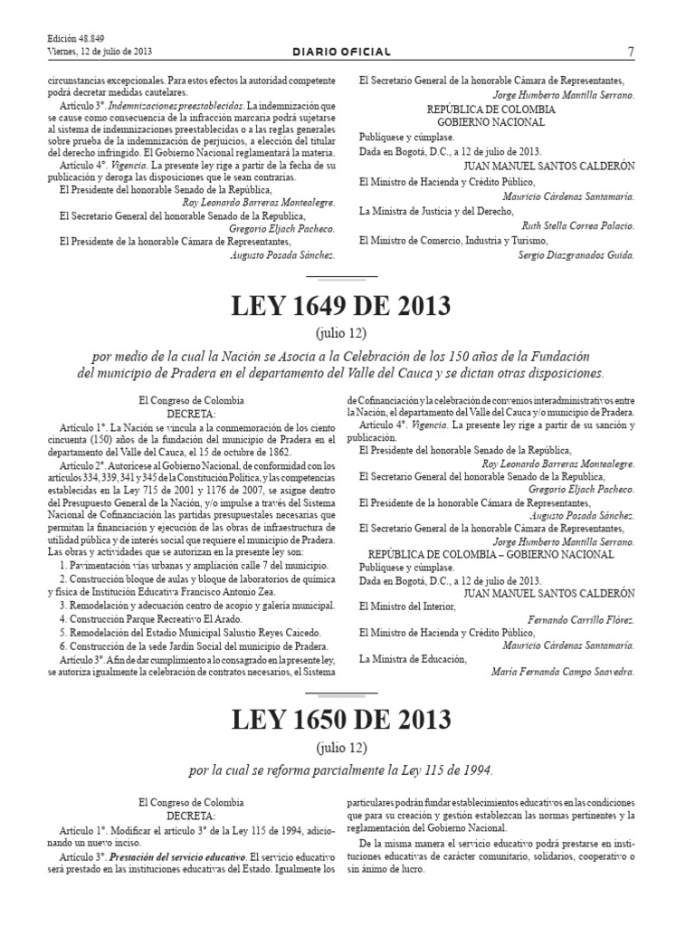 Ley 1650 de 2013 (Reforma Ley 115 de 1994, Prestación Servicio Educativo) | PDF | Colombia