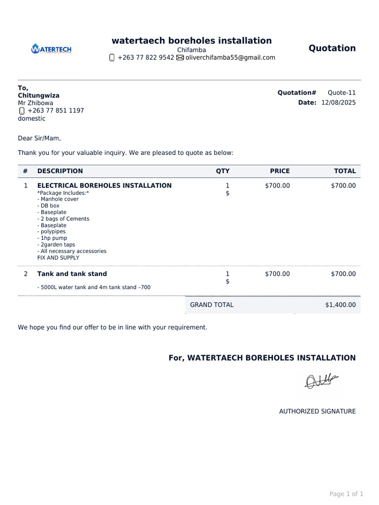 Borehole Installation Quotation | PDF