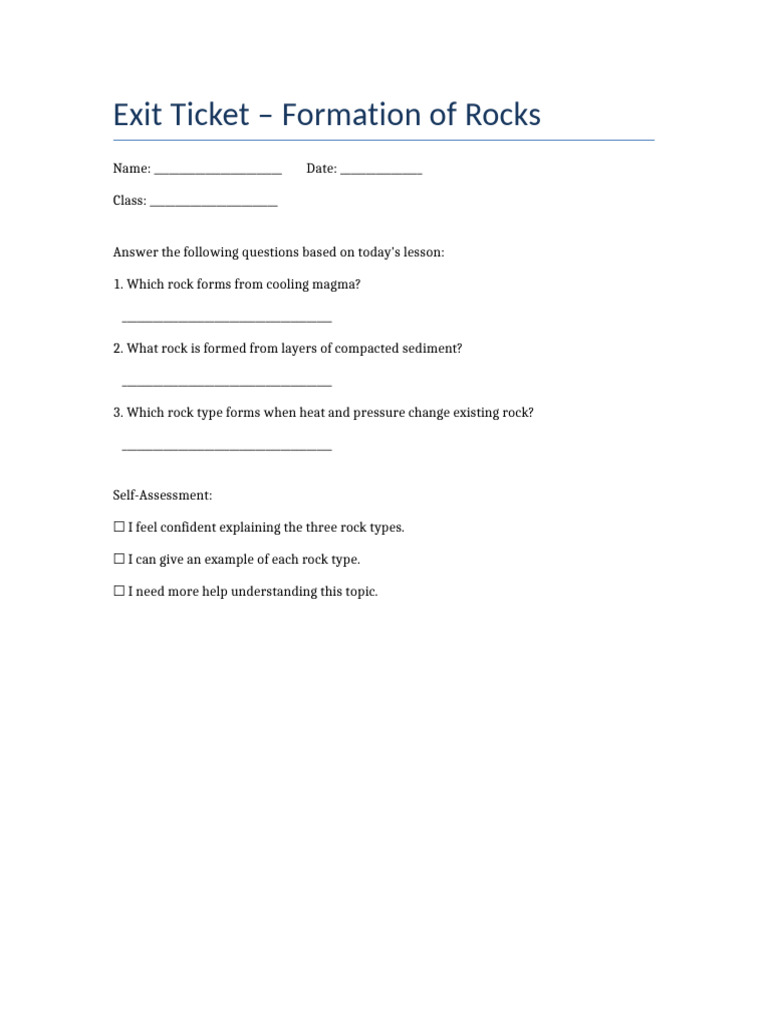 Formation of Rocks Exit Ticket | PDF