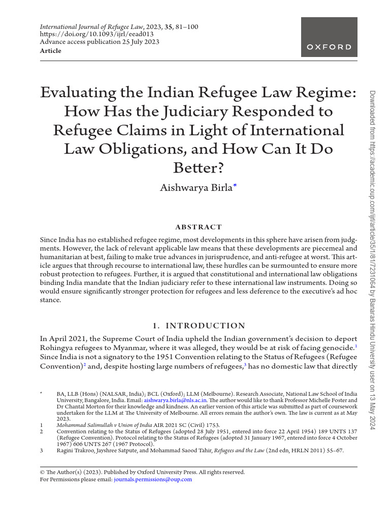 Refugee Law and Indian Judiciary Nlsiu Paper | PDF | Refugee | United ...