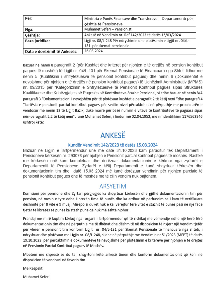 Ankesë Në Vendimin NR 142-2023 Për Njohjen e Pensionit - MS | PDF