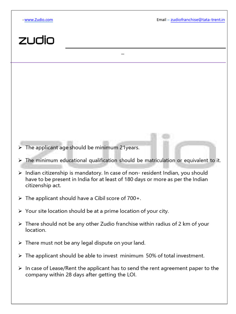 Zudio Franchise Opportunity Overview | PDF | Franchising