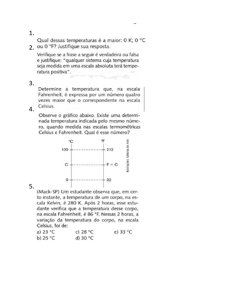 Lista Complementar de Atividade de Física - Escalas Termometricas | PDF