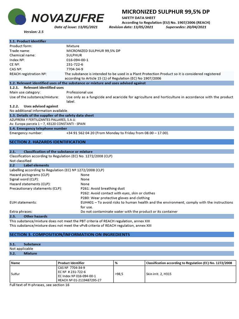 FDS-Micronized Sulphur 99.5 FP V2.5 NOIMO | PDF | Toxicity | Dangerous ...