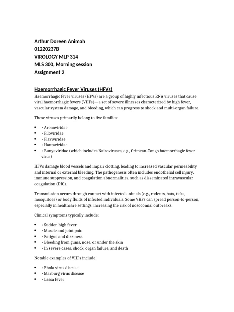 Haemorrhagic Fever Viruses Assignment Arthur Doreen Animah | PDF