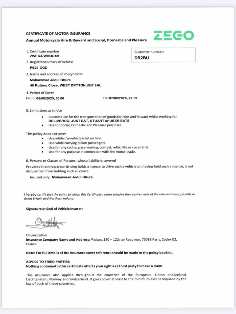 Zego Motorcycle Insurance Certificate | PDF