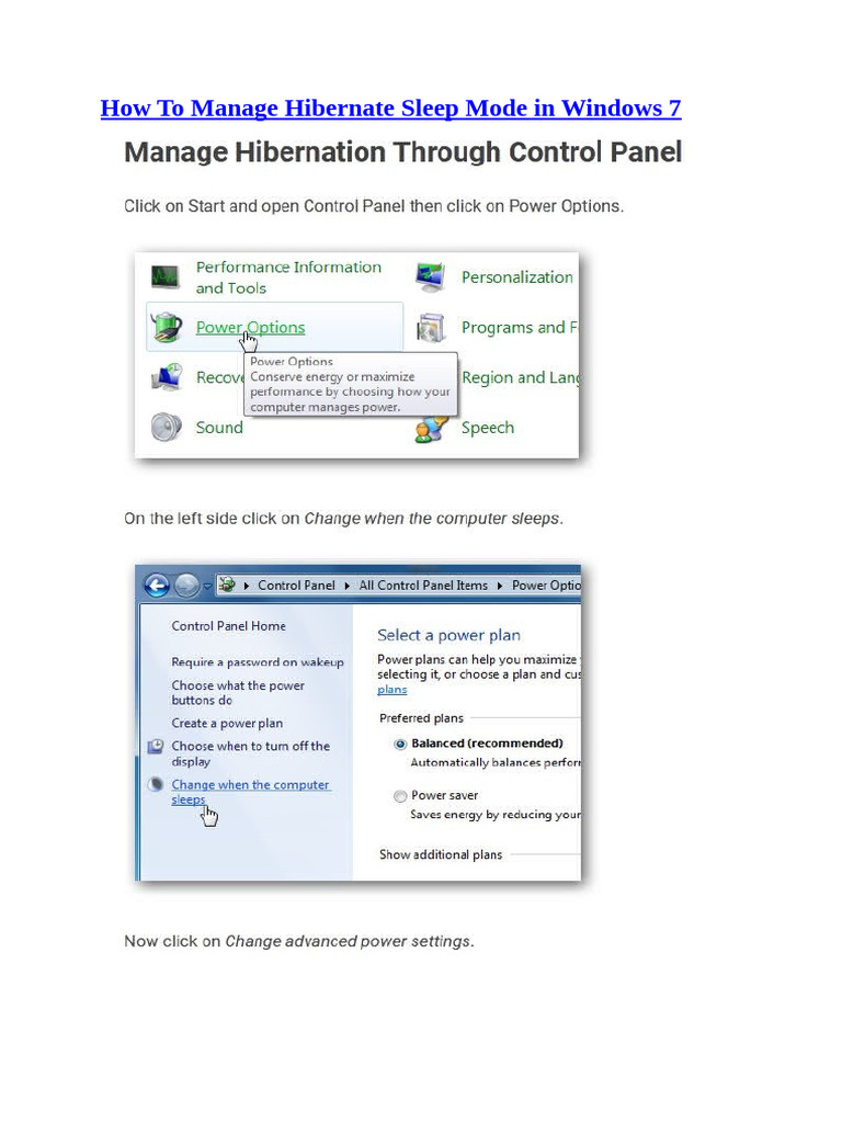 How To Manage Hibernate Sleep Mode in Windows 7 | PDF