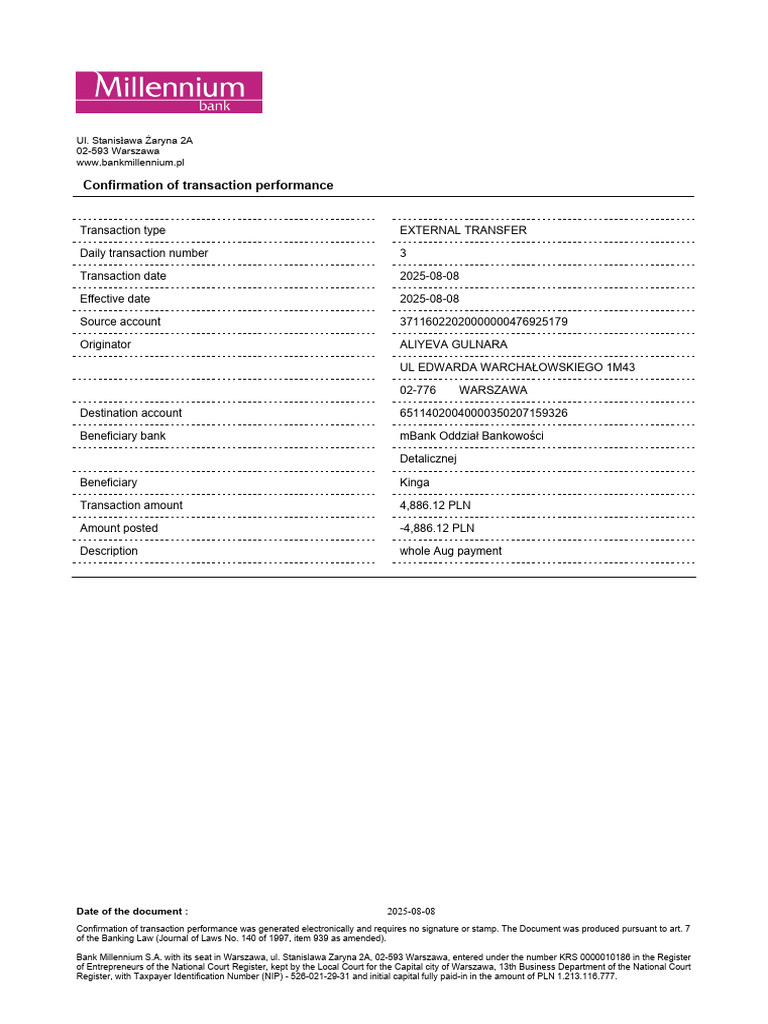 Transaction Confirmation - Bank Millennium | PDF