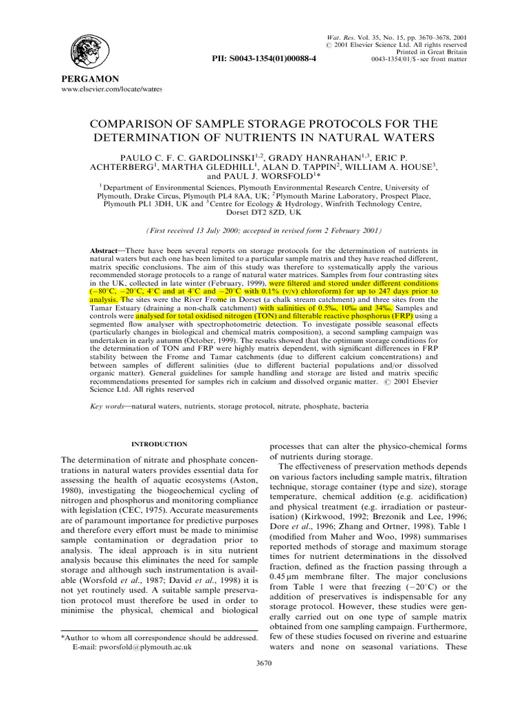 Nutrient Storage Protocols in Waters | PDF | Nitrate | Water
