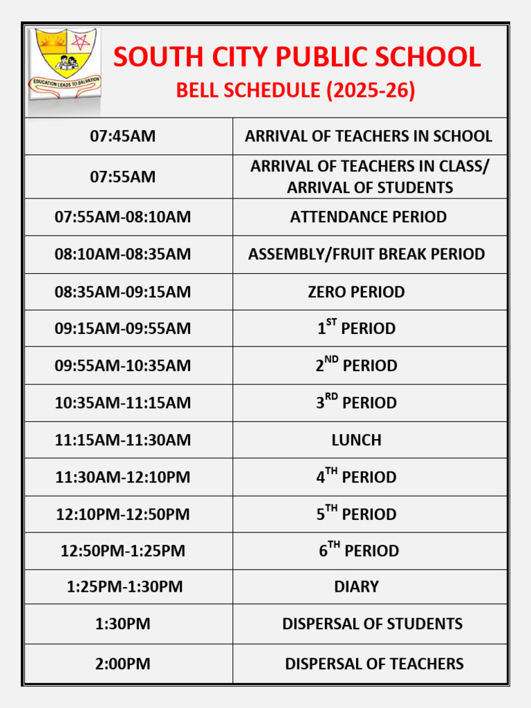 Bell Schedule JULY 2025-26 | PDF