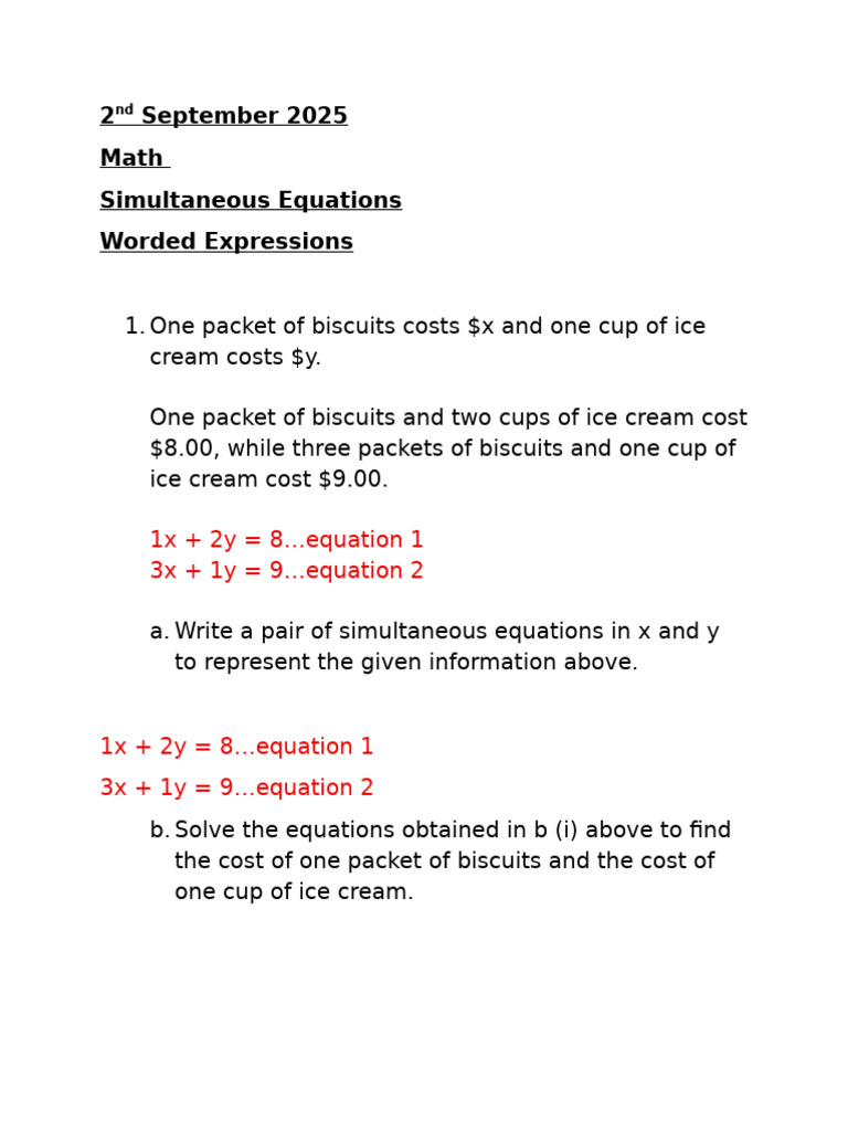 2nd September 2025 Math Simultaneous Equations Nitara | PDF