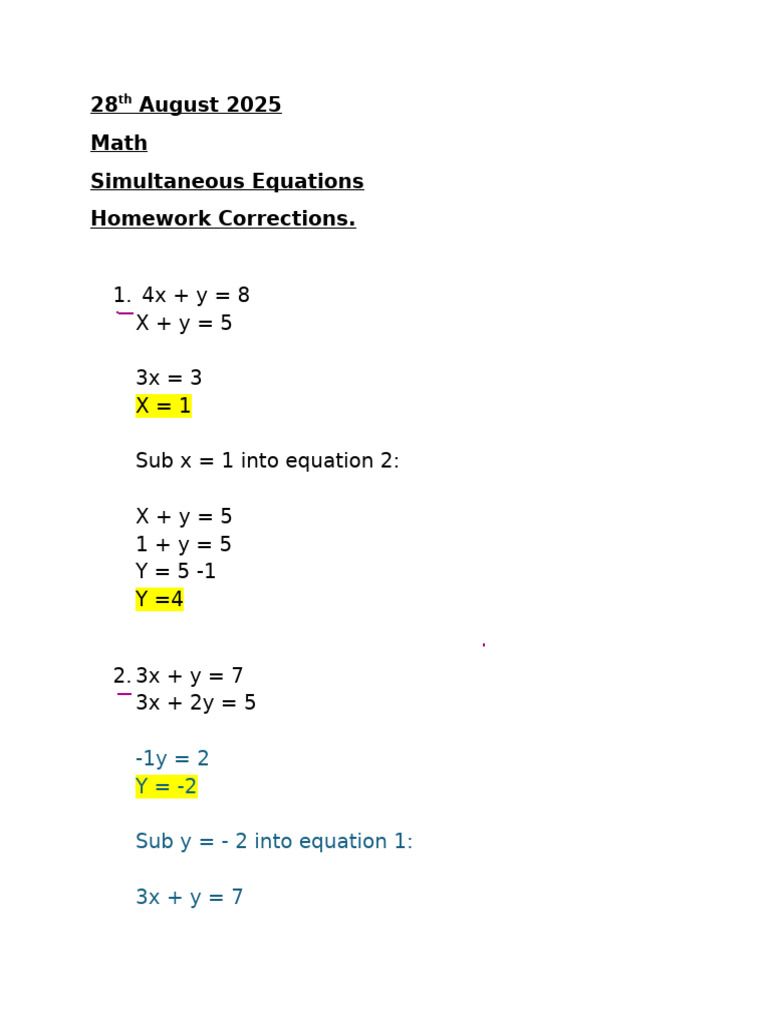 28th August 2025 Math Simultaneous Equations Elimination Method Nitara | PDF