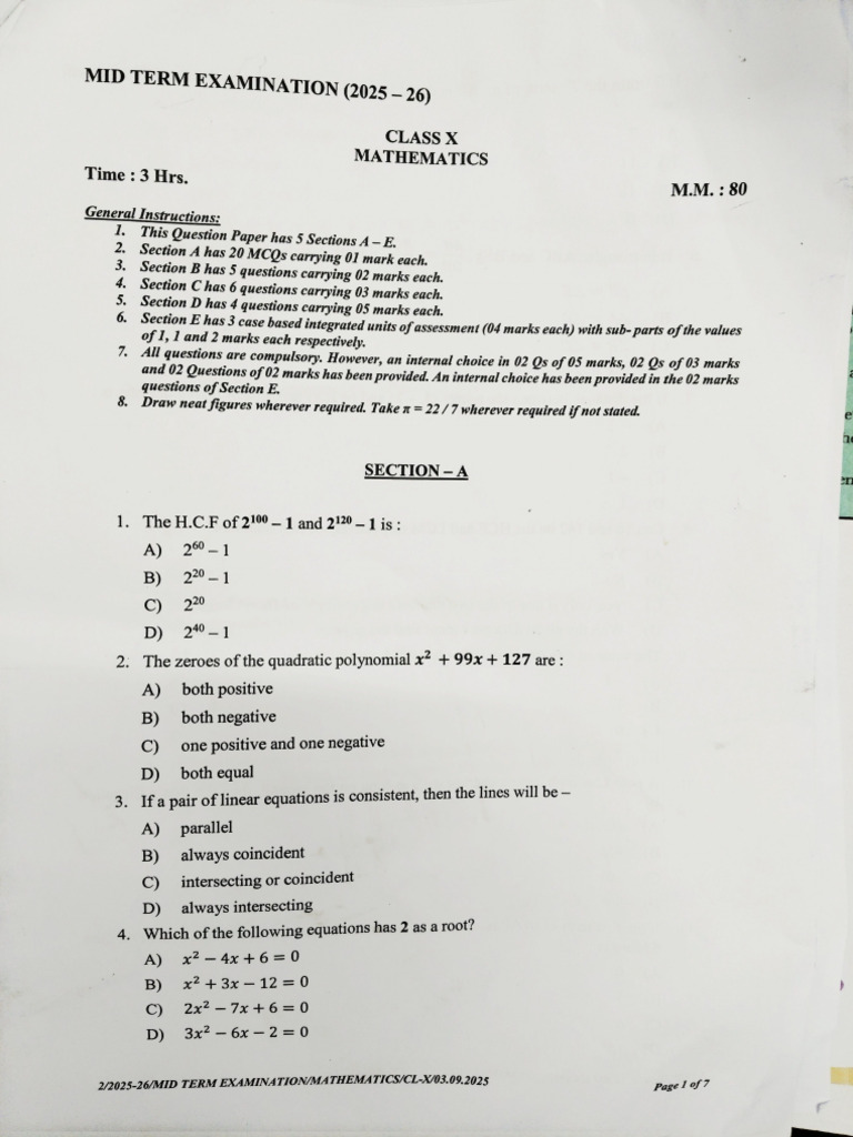 Maths Mid Term Question Paper | PDF