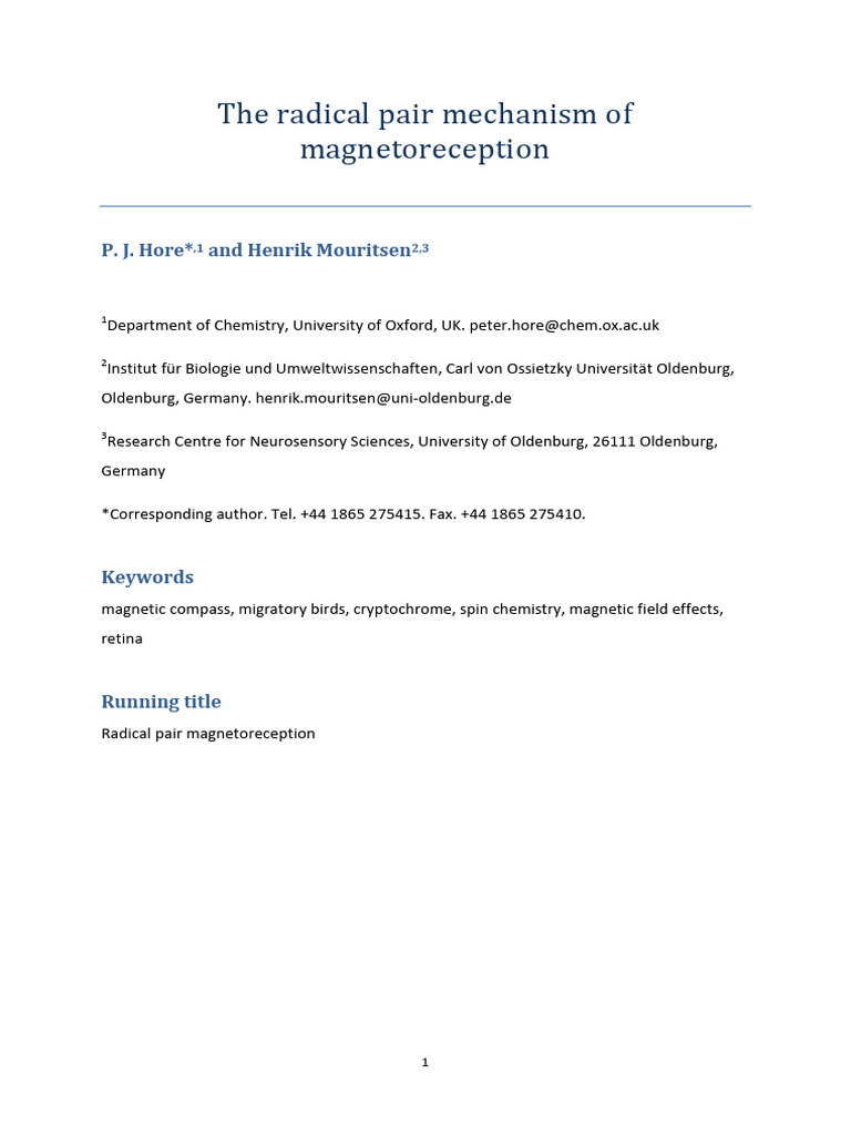 The Radical Pair Mechanism of Magnetoreception: P. J. Hore and Henrik ...
